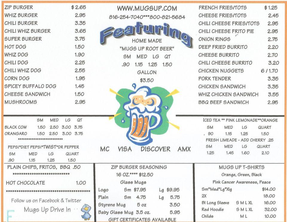 Menu at Mugs-Up Root Beer pub & bar, Independence