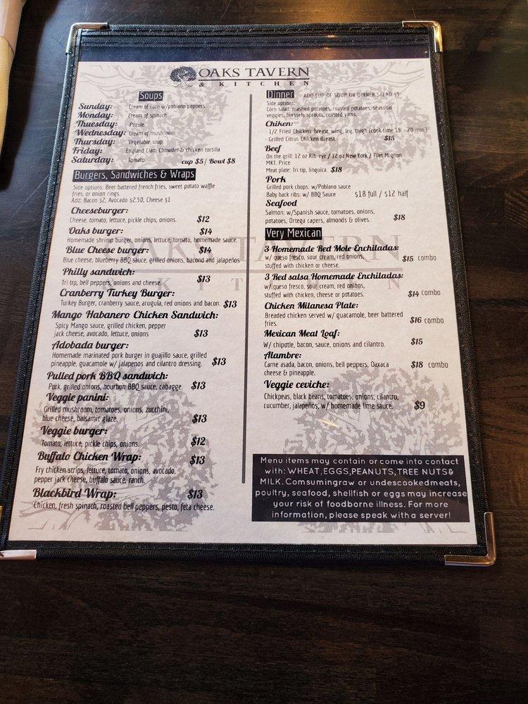 Menu at Oaks Tavern And Kitchen pub & bar, Santee