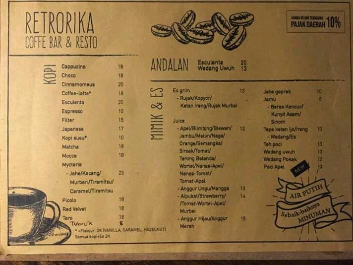 Menu at Retrorika - coffee bar & resto, Batu
