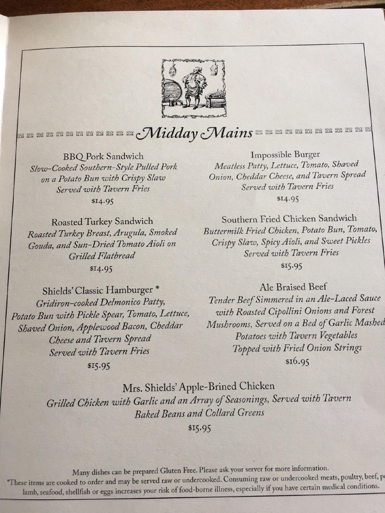 Menu at Shields Tavern restaurant, Williamsburg