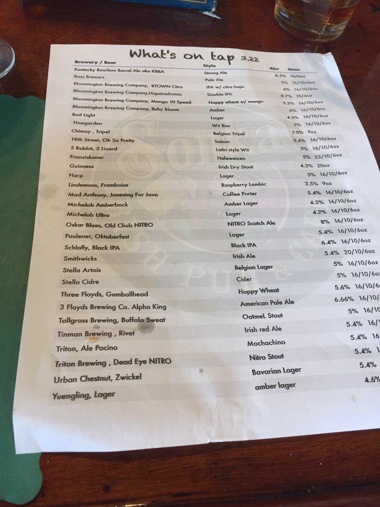 Menu at Sonka Irish Pub, Terre Haute