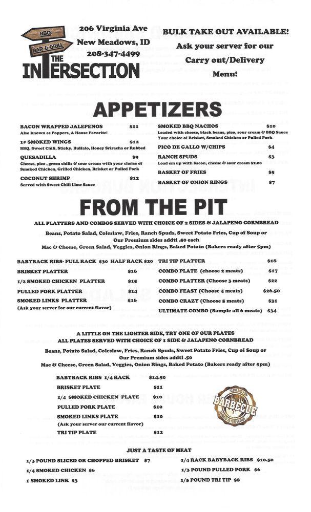 Menu at The Intersection BBQ, Bar & Grill, New Meadows