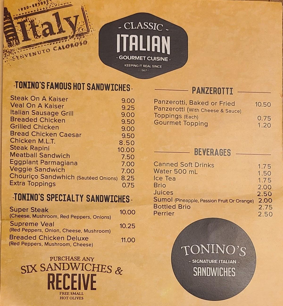 Menu at Tonino's Pizzeria & Panini, Brampton