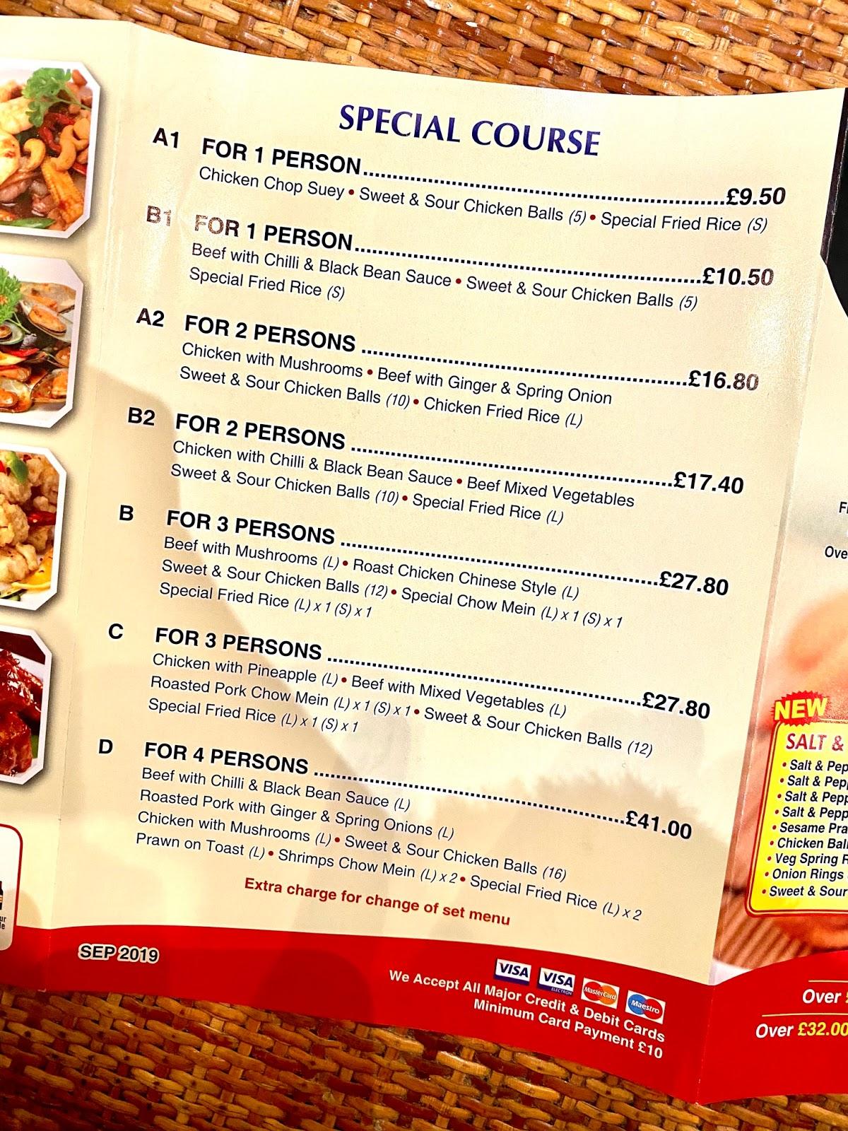 Menu at Yong’s Chinese Take-Away restaurant, Dagenham, East