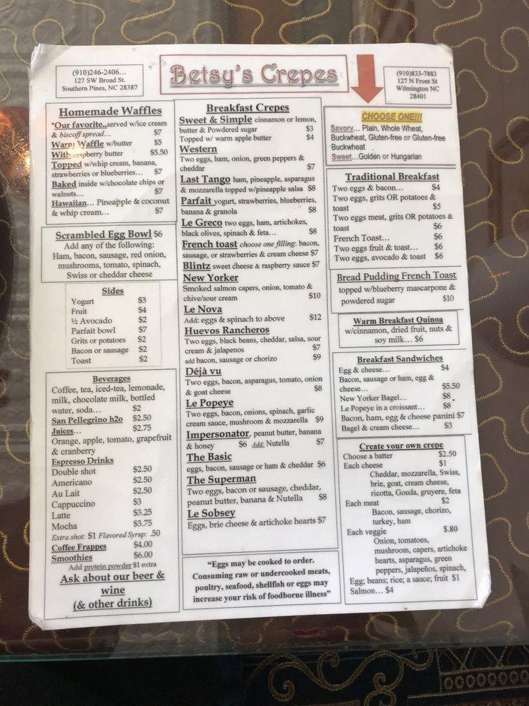 Menu at Betsy's Crepes restaurant, Southern Pines