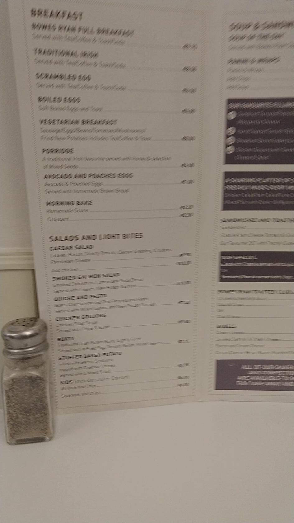 Menu at Bowes Ryan Cafe, Knock