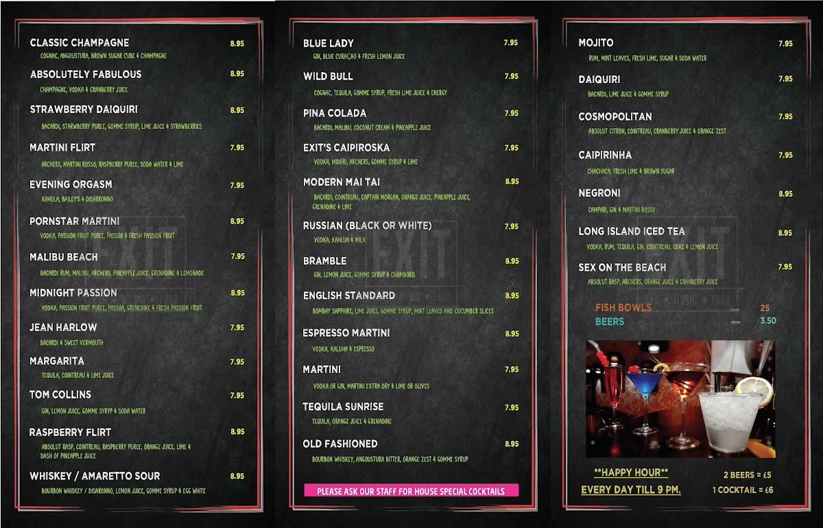 Menu at Exit Bar, London