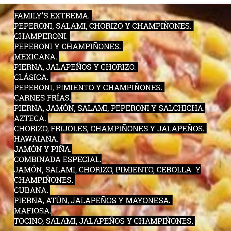 Menu at FAMILY'S PIZZA restaurant, Mexico City