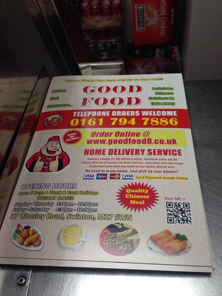 Menu at Good Food restaurant, Manchester, 37 Worsley Rd