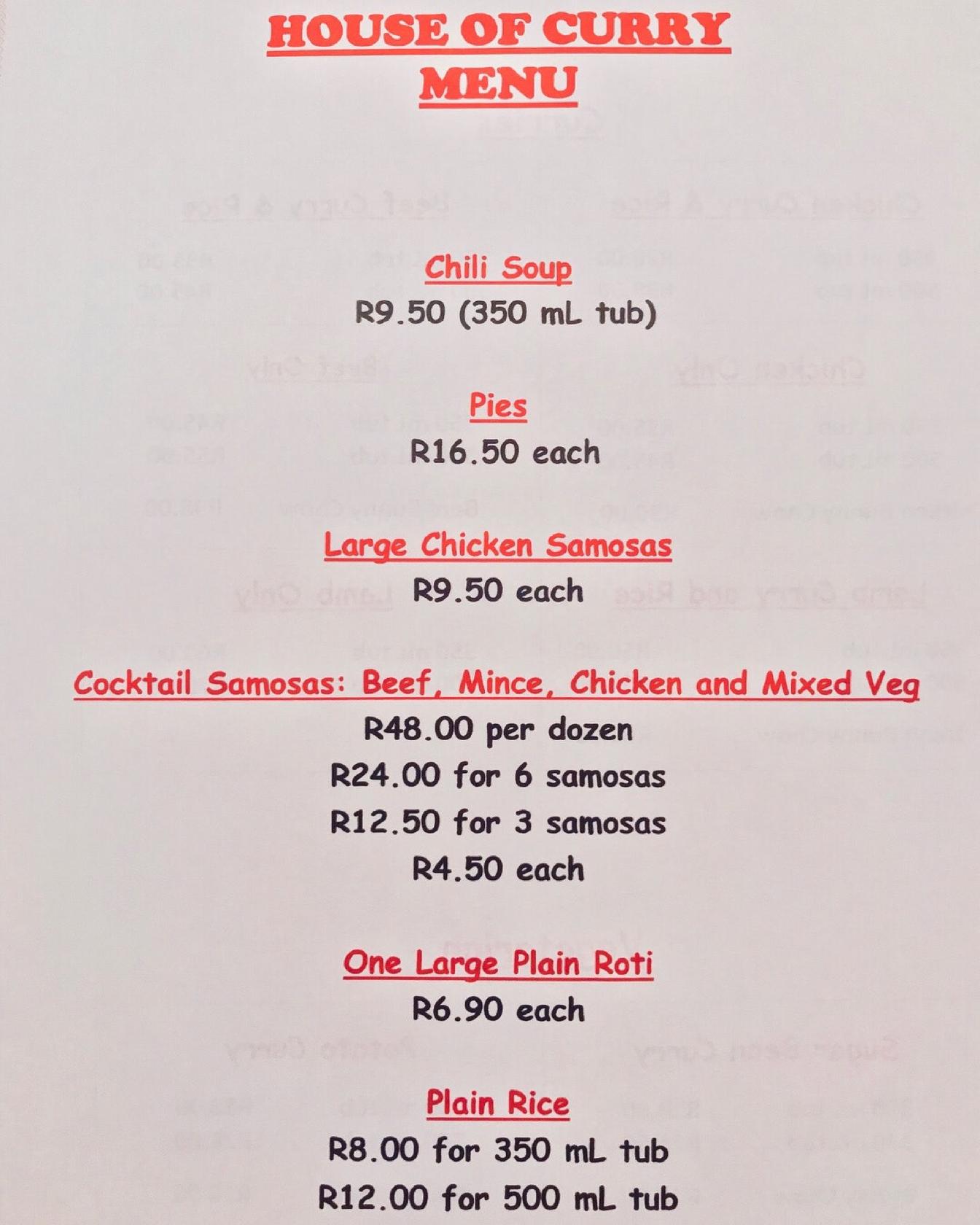 Menu at House Of Curry restaurant, Grahamstown