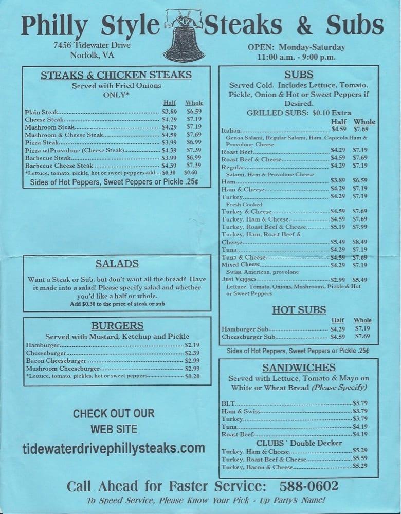 Menu at Philly Style Steaks & Subs restaurant, Norfolk, A Tidewater Dr