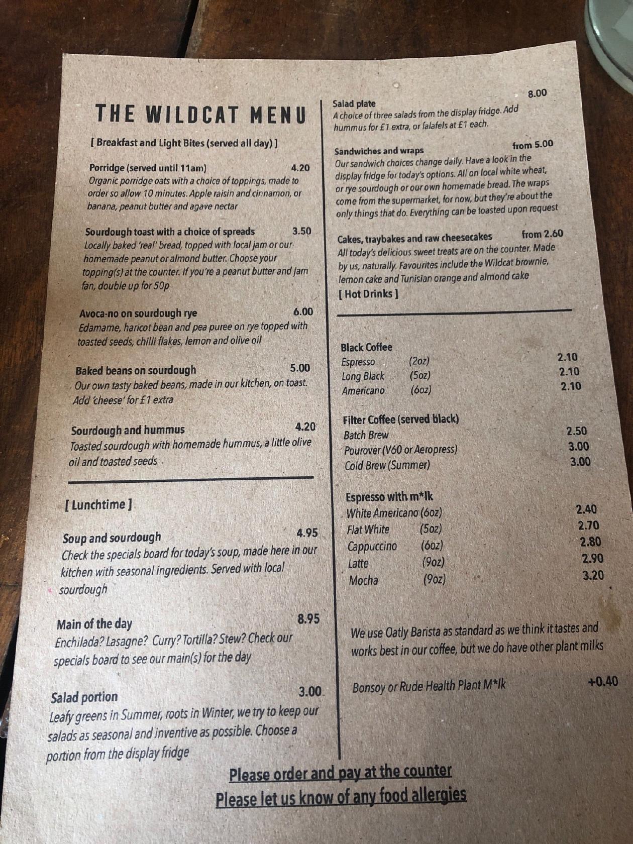Menu at The Wildcat cafe, Fort William