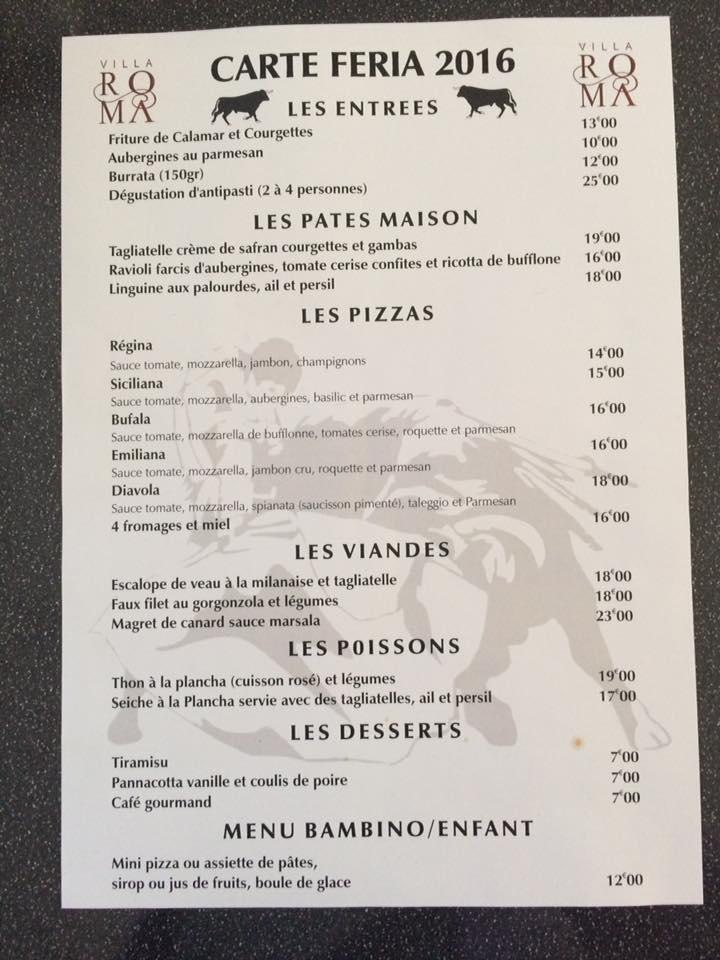 Menu at Villa Roma restaurant, Nimes, 8 Bd des Arènes