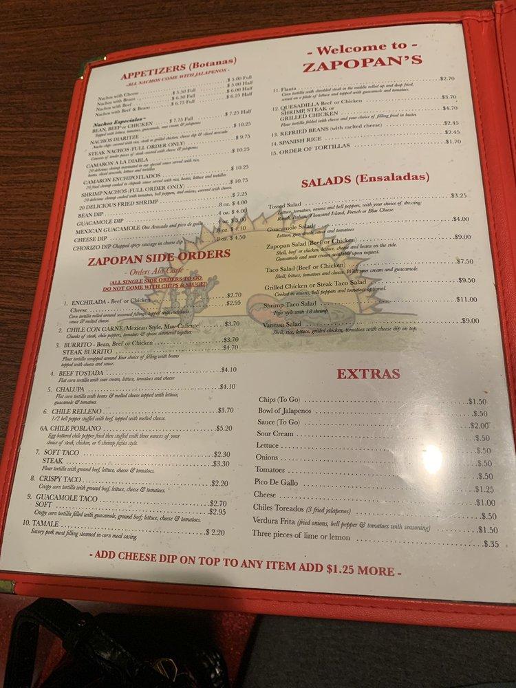 Menu at Zapopan Mexican Restaurant, Calera, 45 Beverly Dr