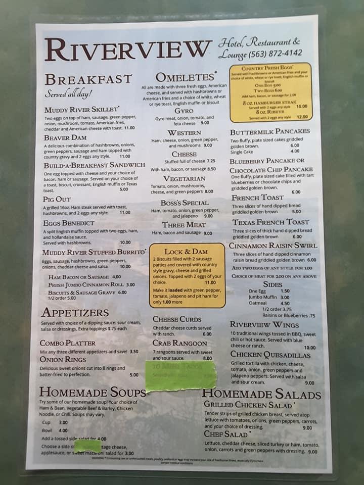 Carta del restaurante riverview hotel, Bellevue