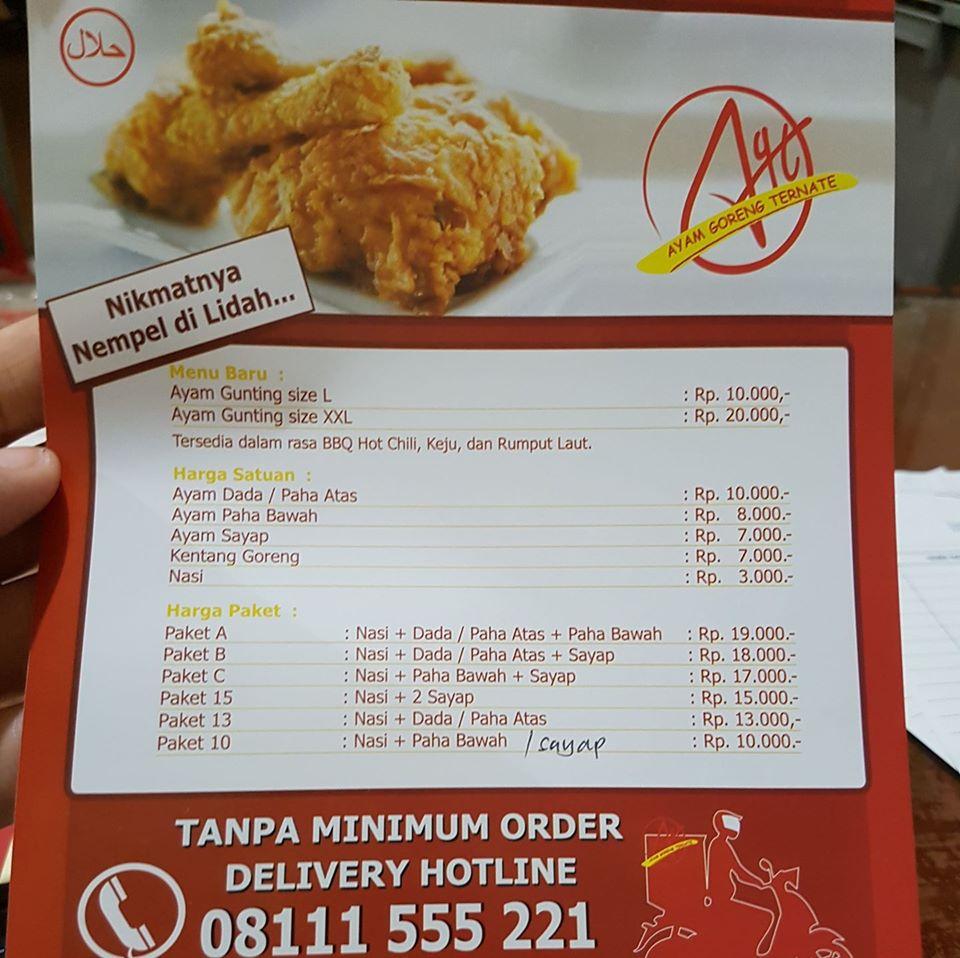 Menu at Ayam Goreng Ternate restaurant, Jakarta, Jl. Mangga Besar No. 56