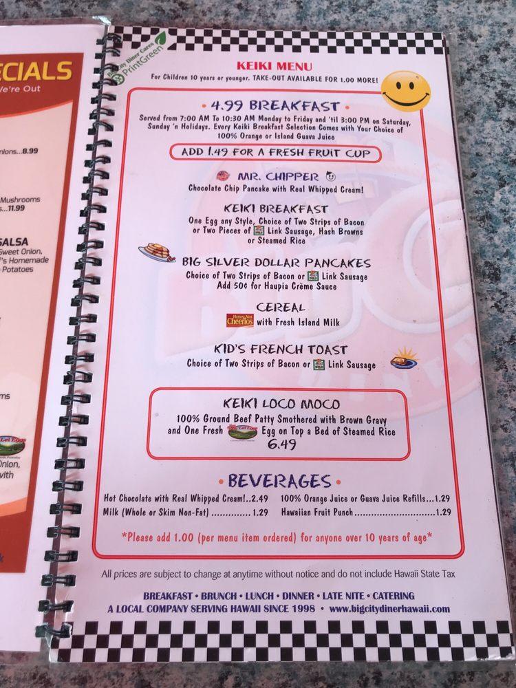 Menu at Big City Diner restaurant, Waipahu, 94-800 Ukeʻe Street #305
