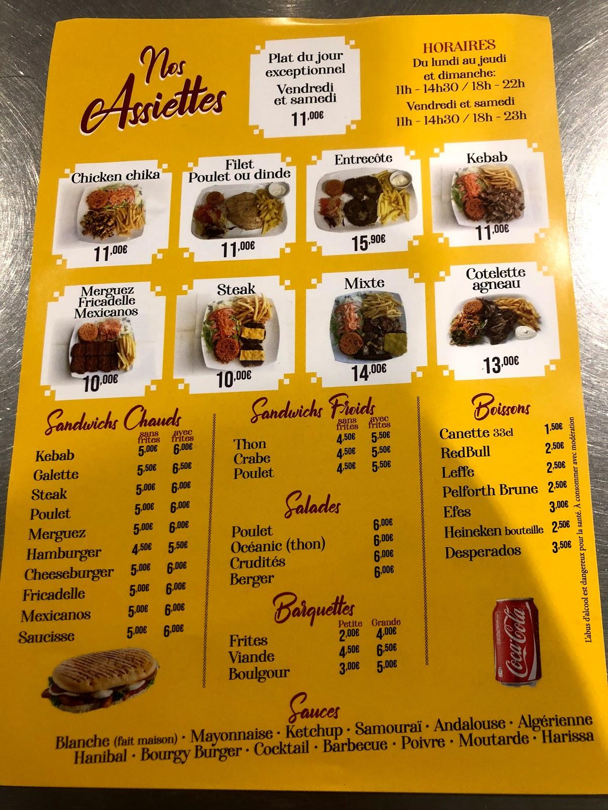Carta de Chez pala restaurant de la place, Samer