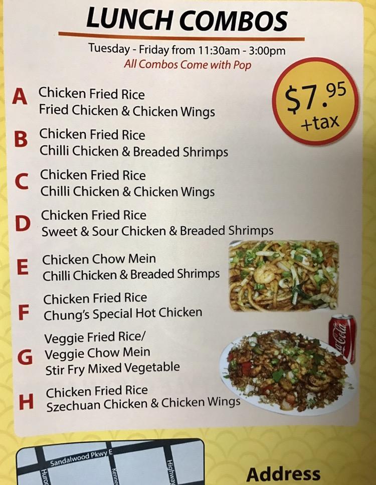Menu at Chung’s Caribbean Hut restaurant, Brampton