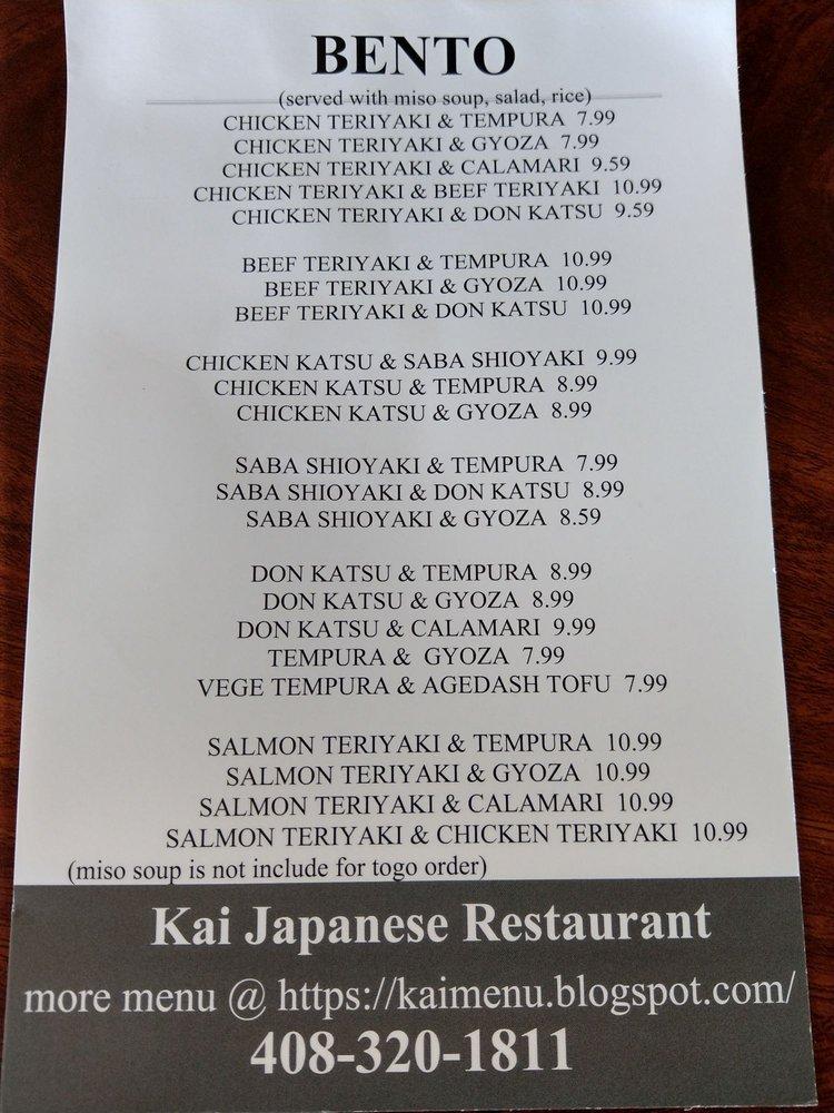 Menu at KAI Japanese Restaurant, San Jose
