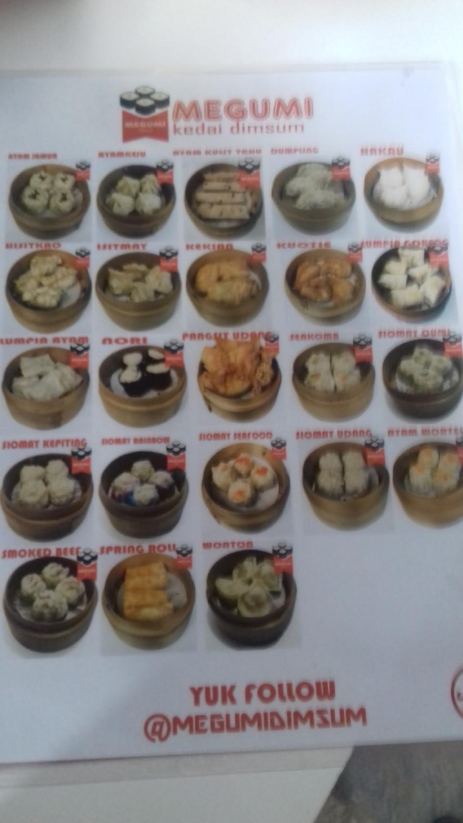 Menu at MEGUMI Dimsum restaurant, Bandung