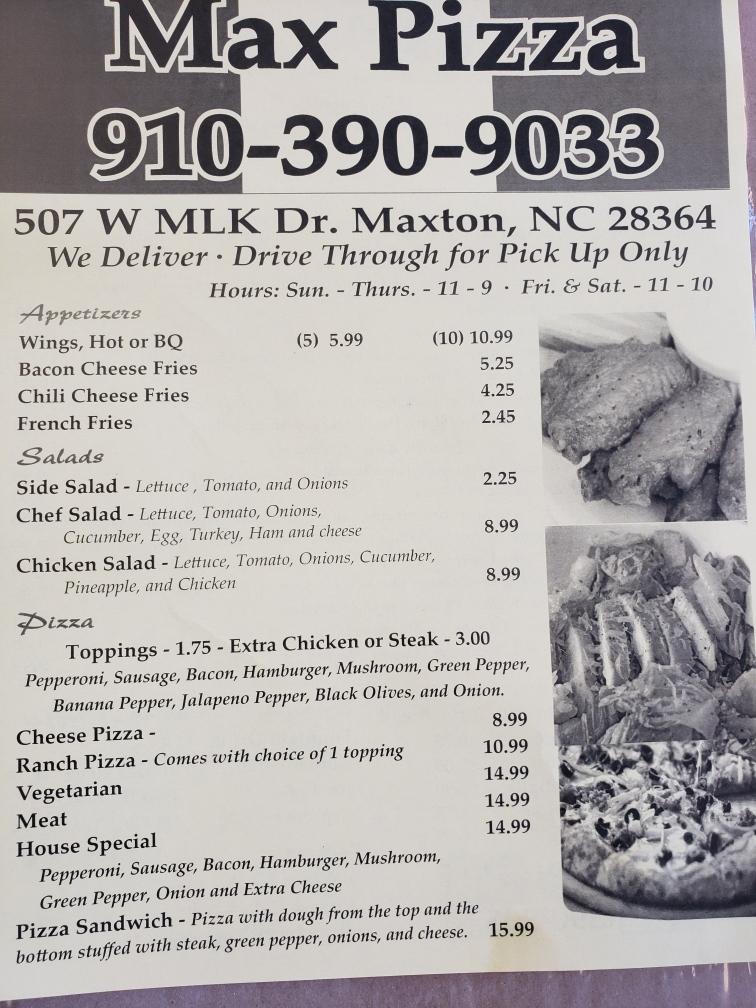 Menu at Max Pizza pizzeria, Maxton