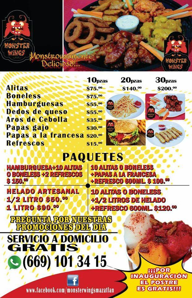 Menu at Monster Wings restaurant, Mazatlán