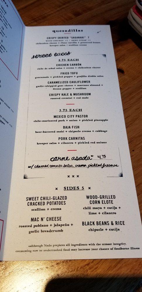 Menu at Nada restaurant, North Bethesda