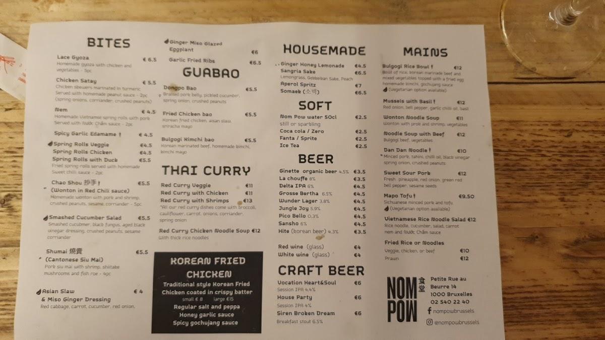 Menu at NOM POW, Brussels