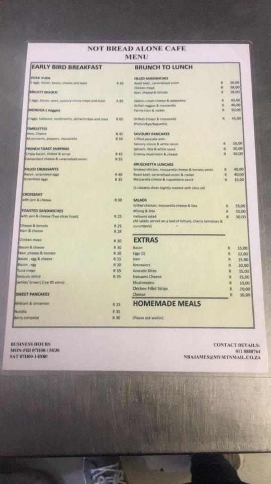 Menu at Not Bread Alone restaurant, Randburg, 63 Malibongwe Dr