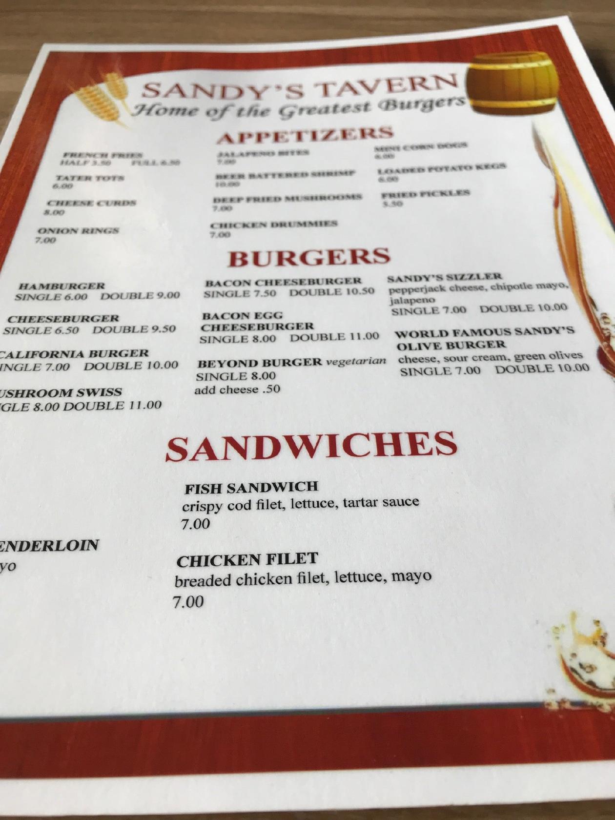 Menu at Sandy's Tavern pub & bar, Richfield