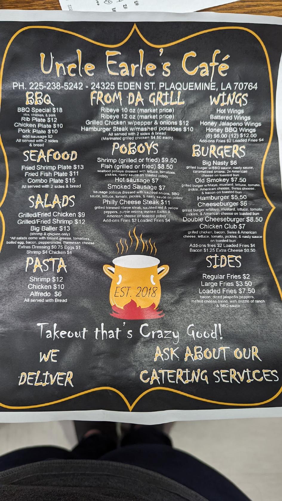 Menu at Uncle Earle's Cafe, Plaquemine