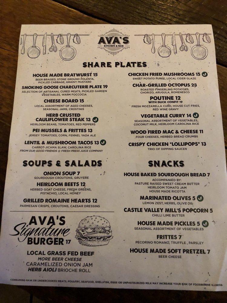 Menu at Ava's Kitchen & Bar, Kenilworth