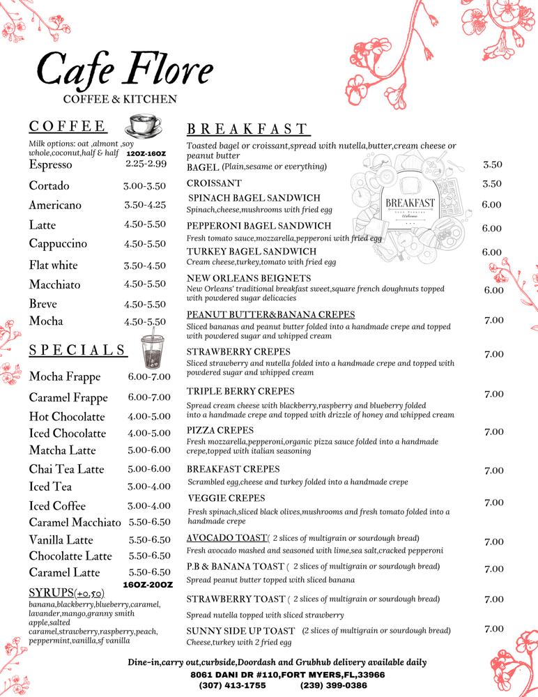 Menu at Cafe Flore, Fort Myers