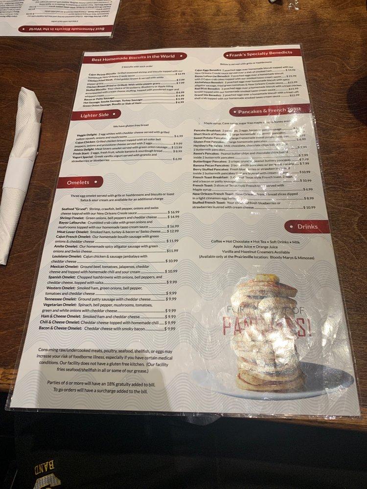 Menu at Frank’s Restaurant Grill & Bar-Prairieville, Prairieville ...