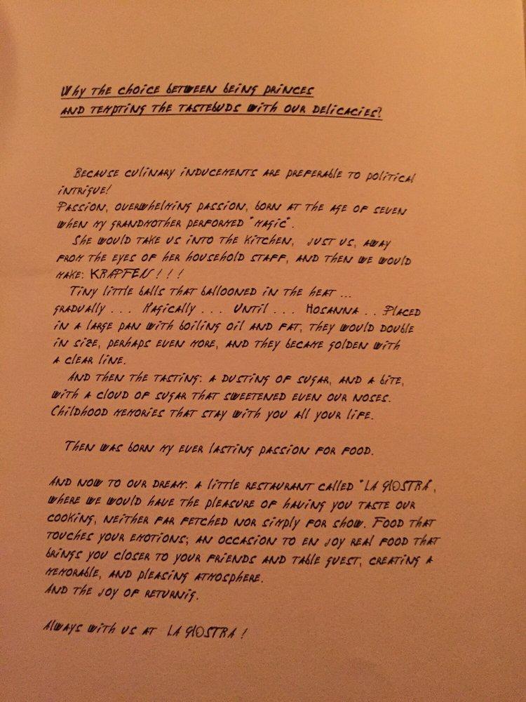 Menu at La Giostra restaurant, Florence, Borgo Pinti