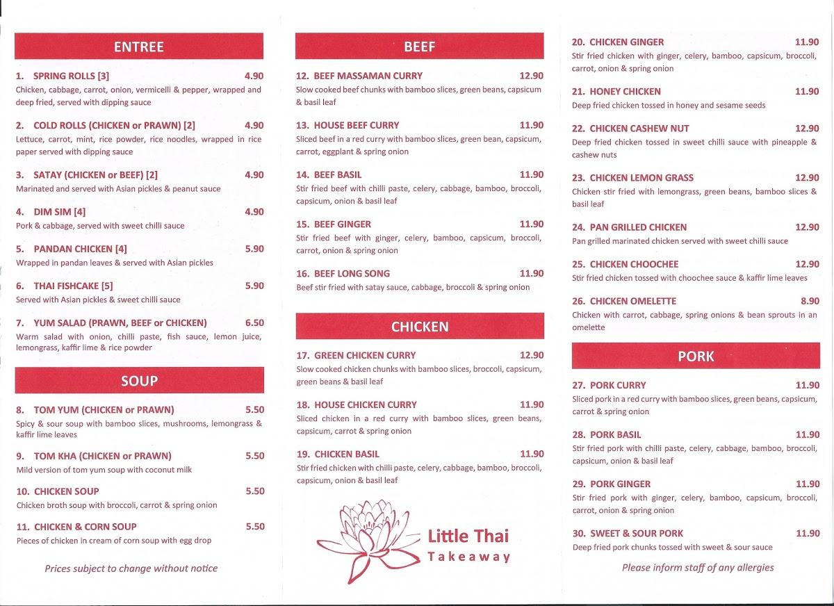 Menu at Little Thai Takeaway restaurant, Findon