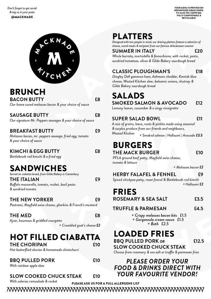 Menu at Macknade cafe, Faversham
