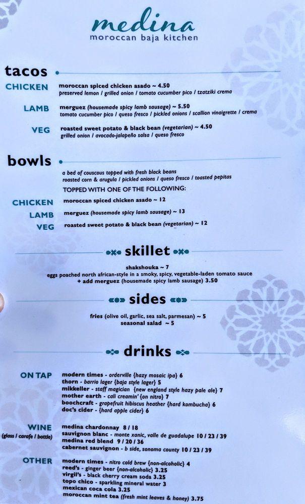 Menu at Medina restaurant, San Diego