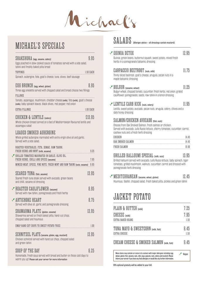 Menu at Michael’s Brasserie restaurant, London