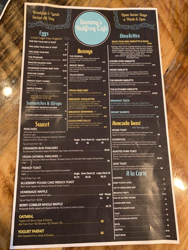 Menu at Sammy’s Bullfrog Cafe, Harleysville