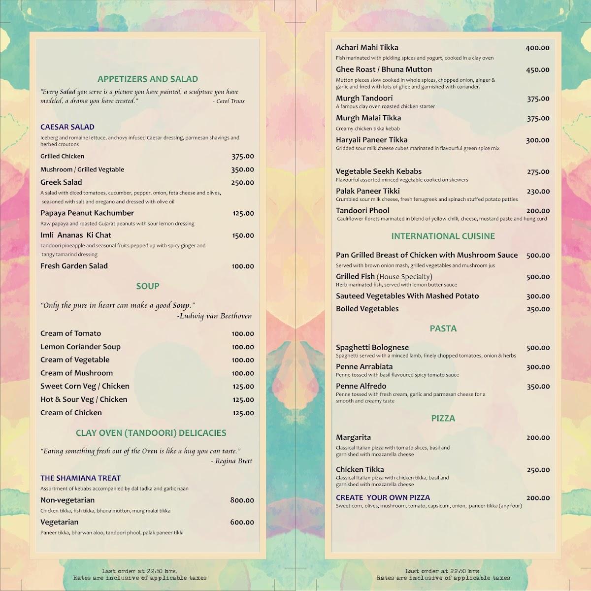 Menu at Shamiana Roof Top Restaurant & Lounge, Udaipur, Lake