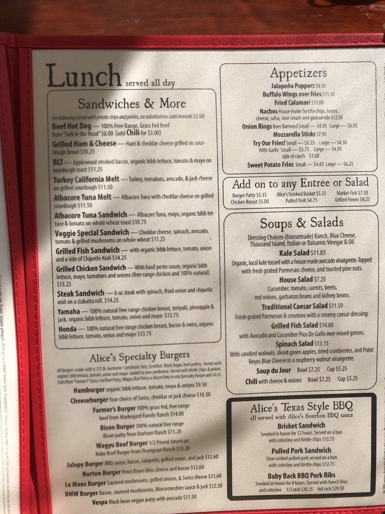 Menu at Alice's Restaurant, Woodside, Skyline Blvd