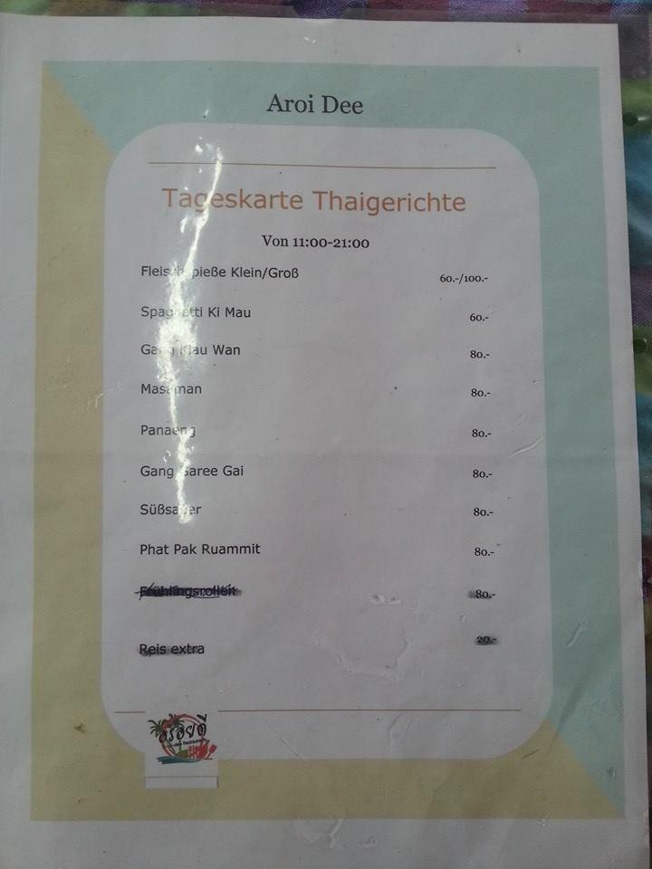Menu at Aroi dee Thai German restaurant, Rayong