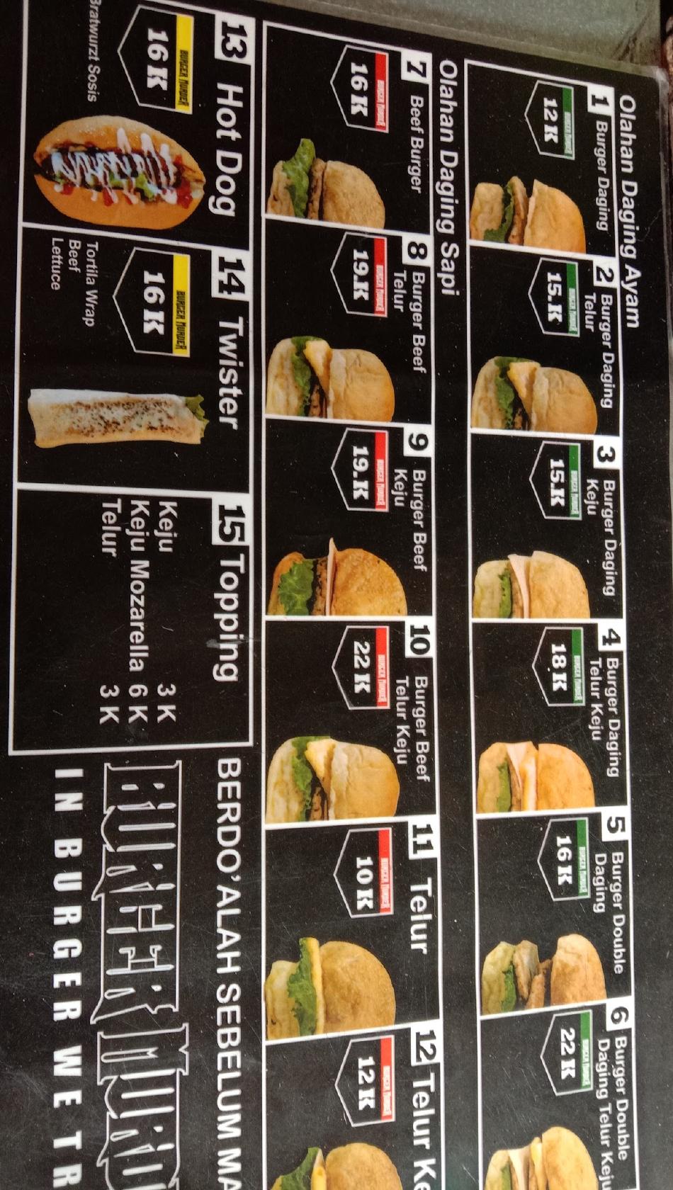 Carta del café BURGER MURDER, Malang, 2JV7+394