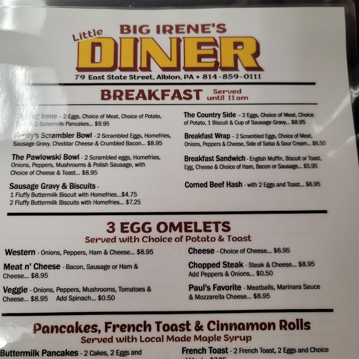 Menu at Big Irene's Little Diner cafe, Albion