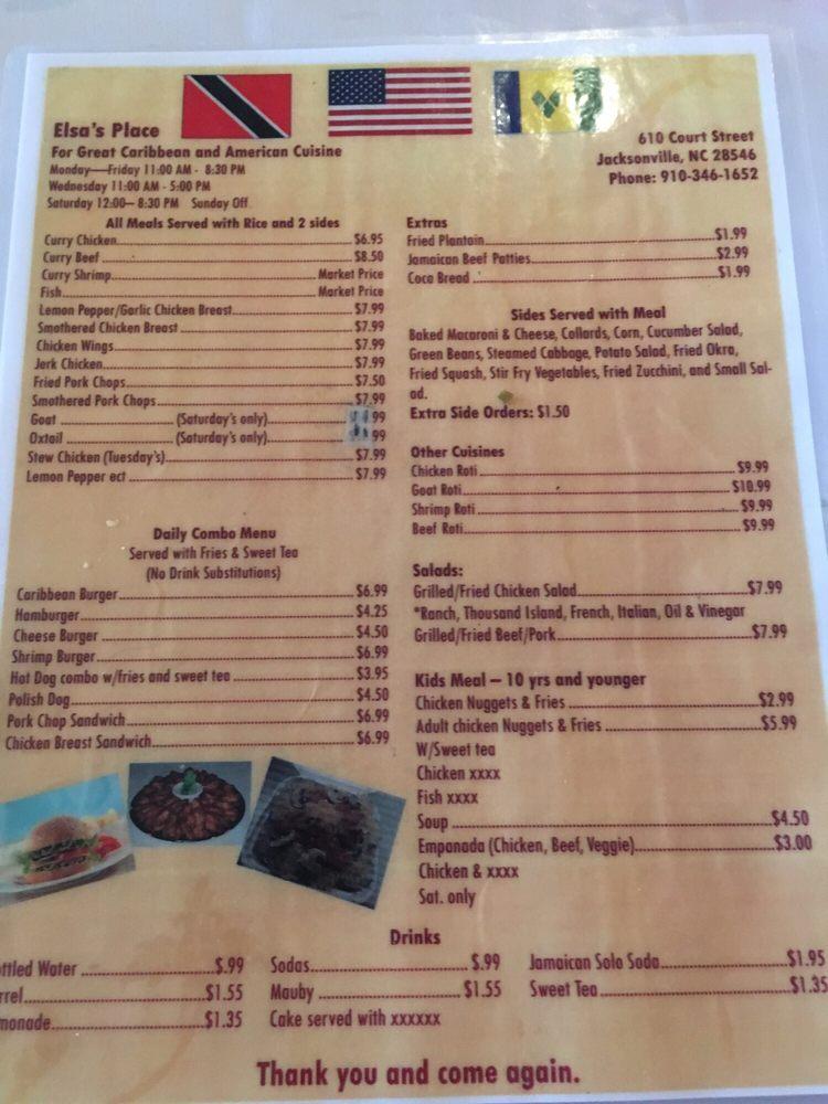 Menu at Elsa's Place restaurant, Jacksonville