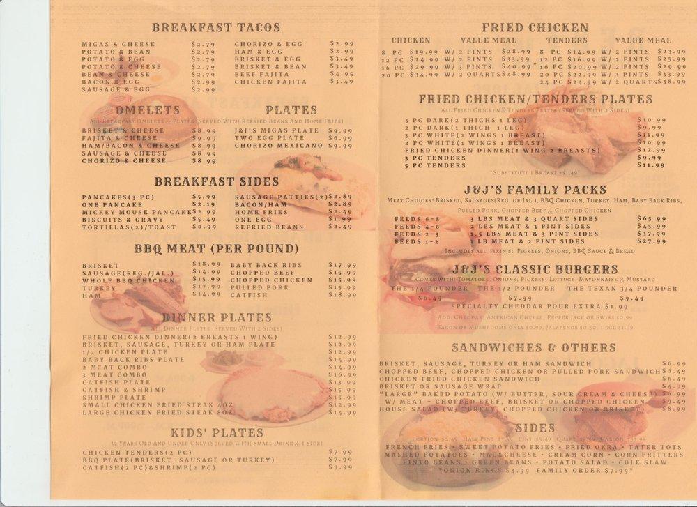 Menu at J&J BBQ & Burgers, Lago Vista