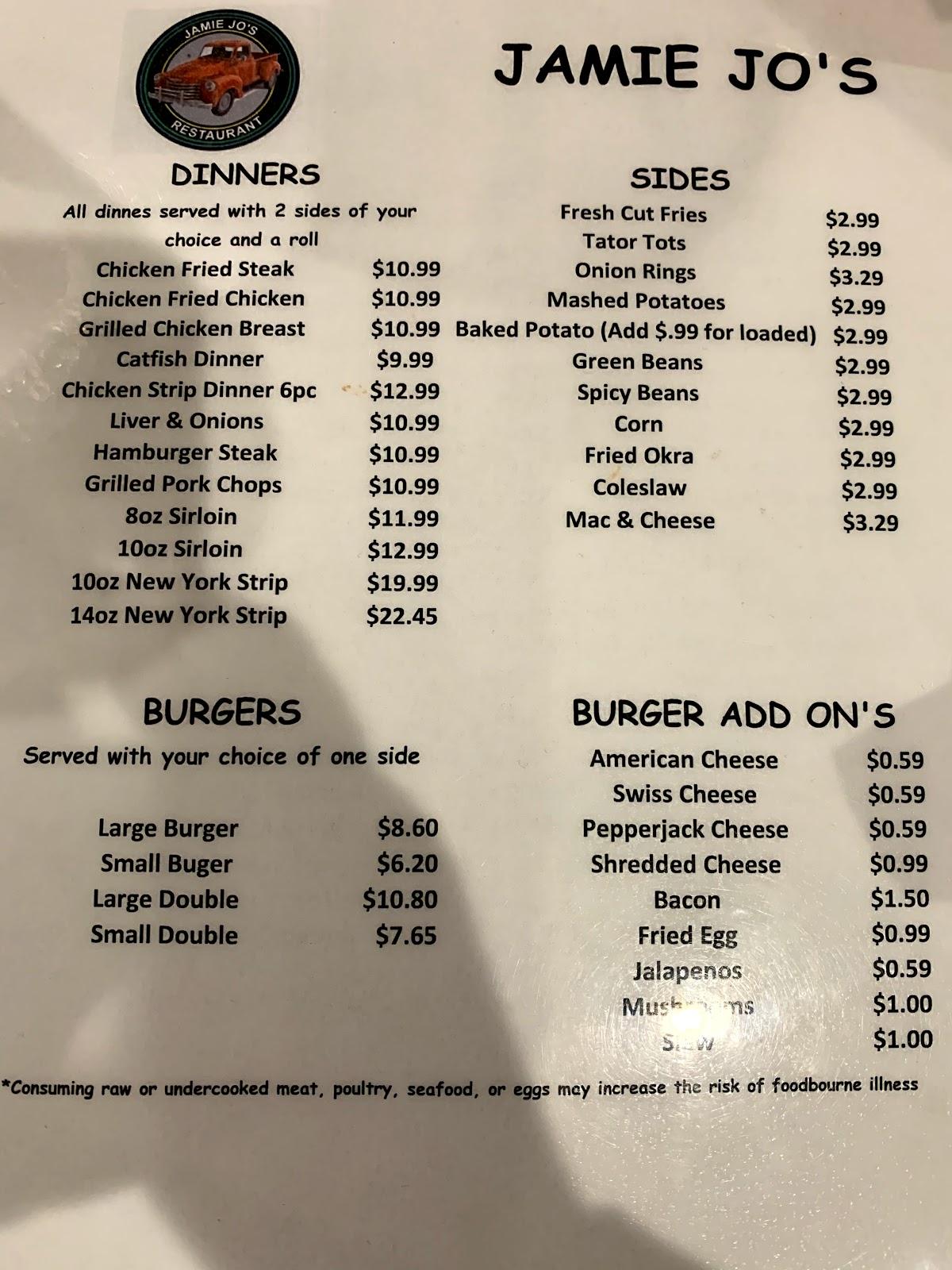 Menu at Jamie Jo's Restaurant, Tuttle