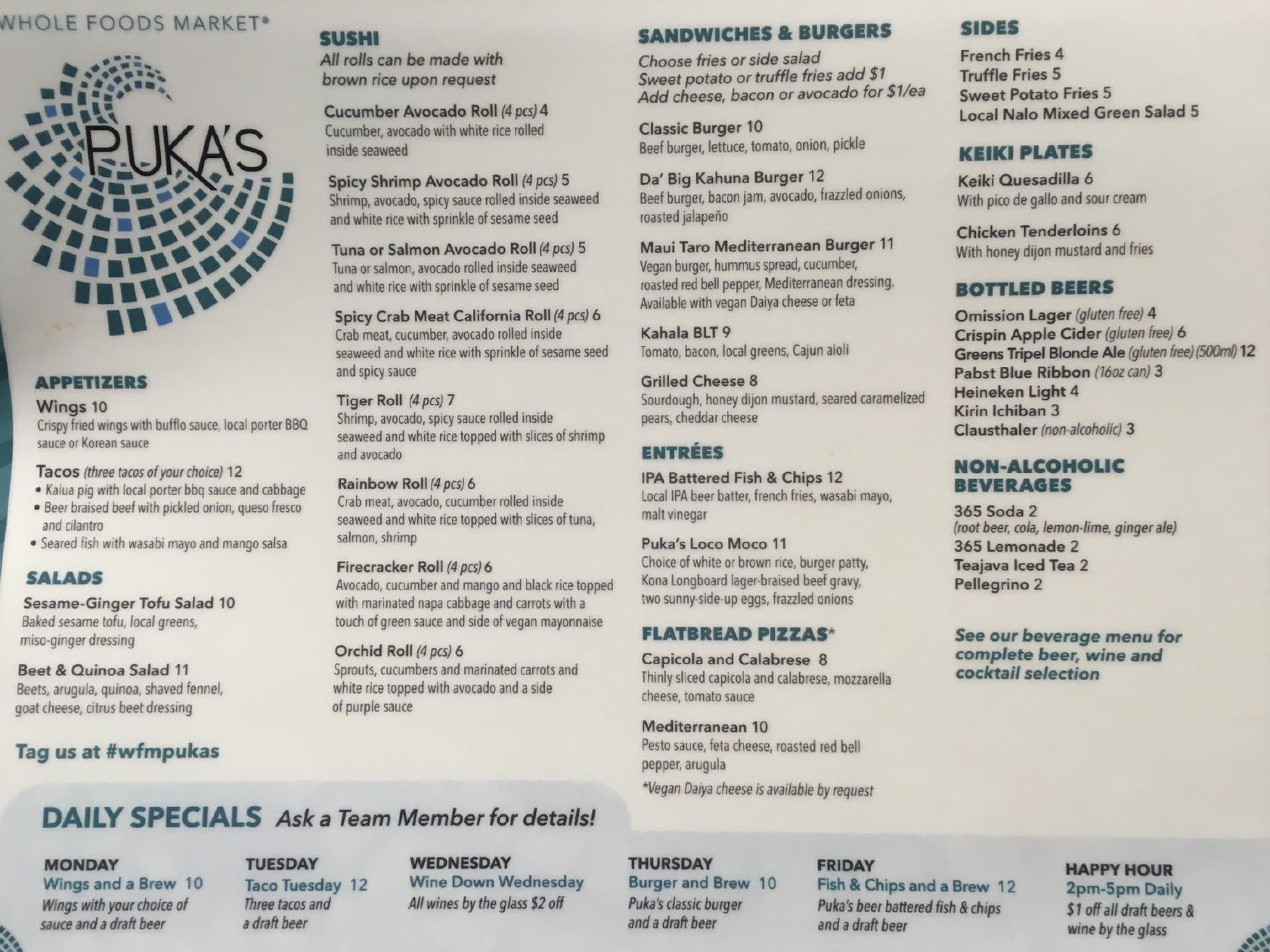 Menu at Puka's pub & bar, Honolulu